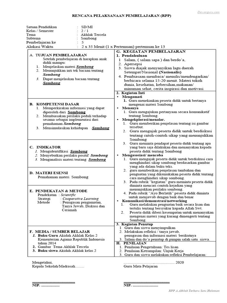 5.RPP Akidah Akhlak Kelas 2 Semester 1 Pelajaran 5 | PDF