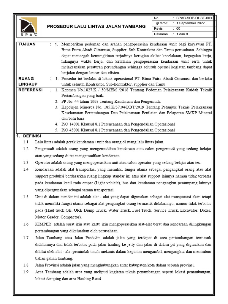 Bpac-Sop-Ohse-003 - Prosedur Lalu - Lintas - Tambang | PDF