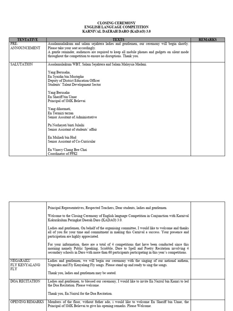 MC Text - Closing Ceremony | PDF