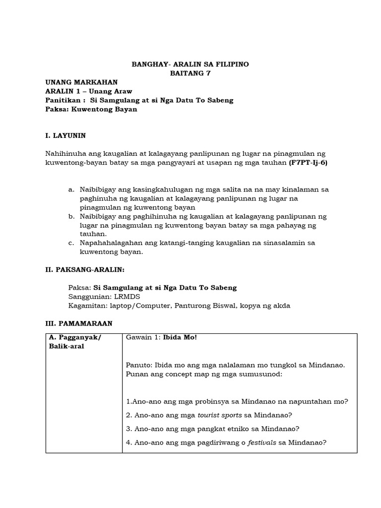 Banghay-Aralin Sa Filipino Baitang 7 Unang Markahan ARALIN 1 - Unang ...