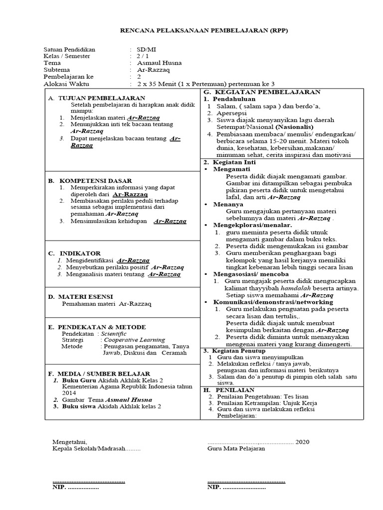 2.RPP Akidah Akhlak Kelas 2 Semester 1 Pelajaran 2 (1) | PDF