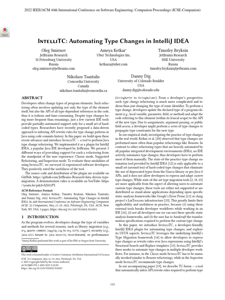Intellitc: Automating Type Changes in Intellij Idea: Oleg Smirnov Ameya ...