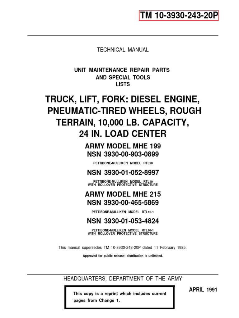 Engine, Capacity,: Army Model Mhe 199 NSN 3930-00-903-0899 NSN 3930-01 ...