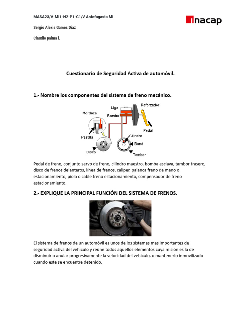 Cuestionario Seguridad Activa Automovil | PDF | Sistema de freno antibloqueo | Camión