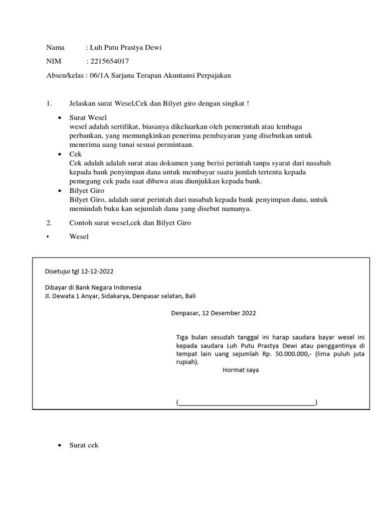 Tugas Surat Wesel Cek, Dan Bilyet Giro | PDF