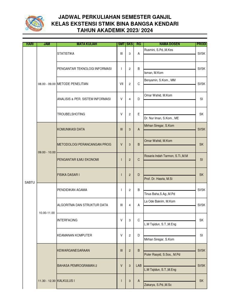 Jadwal Ekstensi Ganjil 2023-2024 | PDF