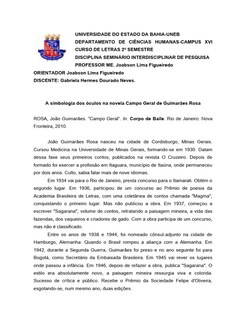 A Simbologia Dos Óculos Na Novela Campo Geral de Guimarães Rosa | PDF ...