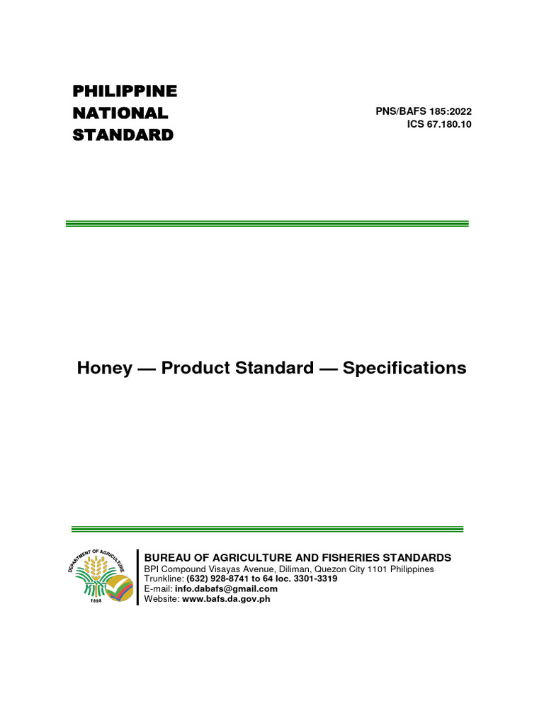 PNS - Bafs 185-2022 - PNS Honey - Product Standard - Specifications | PDF | Honey | Honey Bee