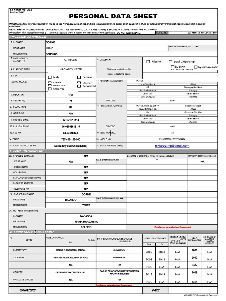 CS Form No. 212 Personal Data Sheet Revised | PDF | Affidavit