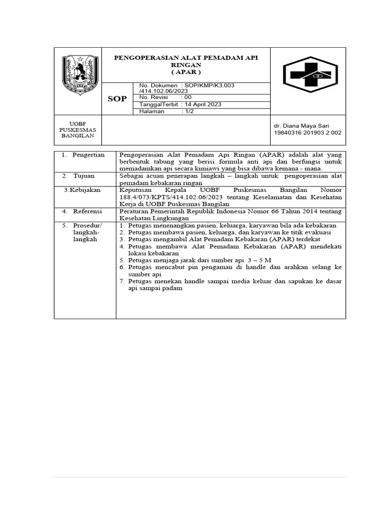 Sop K3 003 Pengoperasian Alat Pemadam Api Ringan | PDF