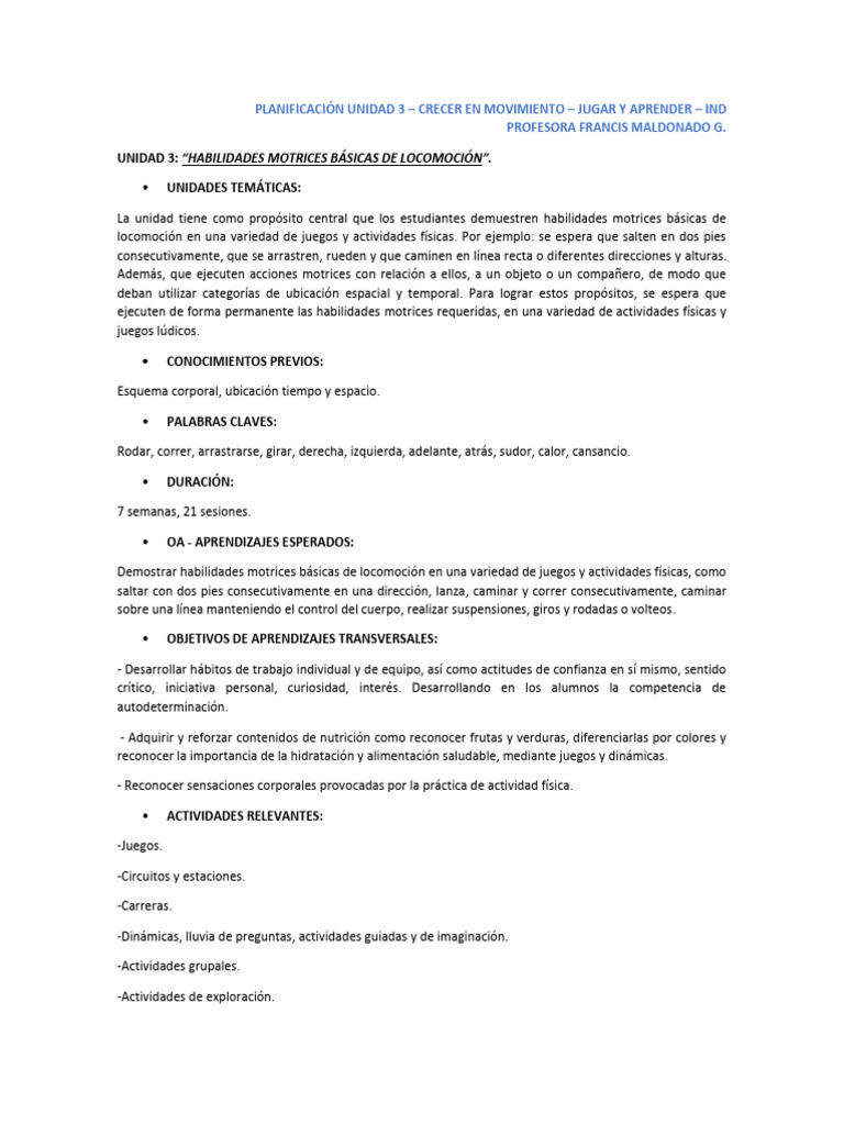 Planificaci N Unidad 3 HMB Locomoci N | PDF | Evaluación