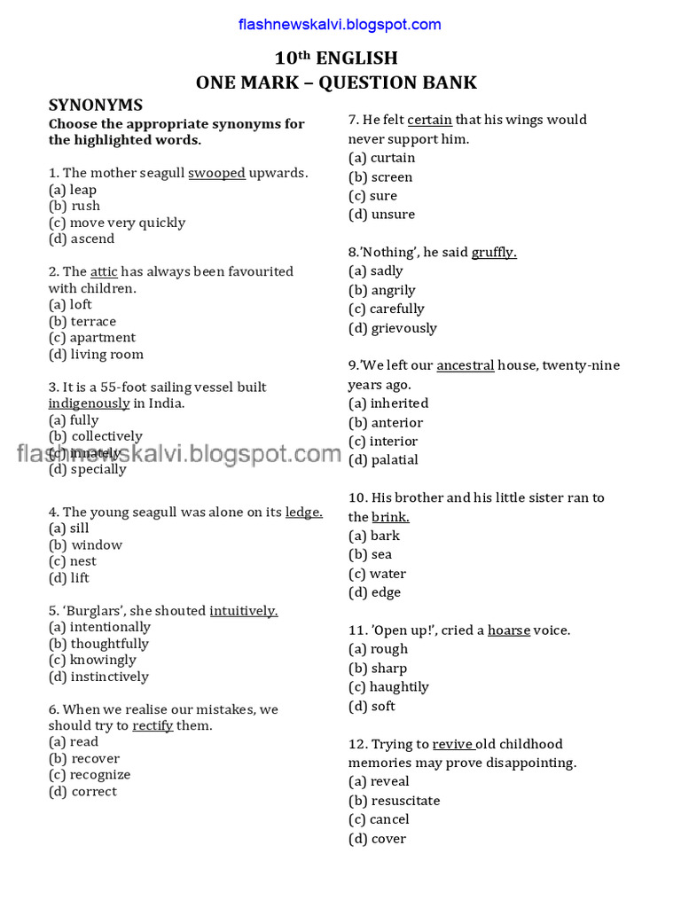 10th ONE MARKS English | PDF | Young Adult