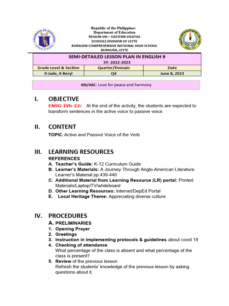 Lesson Plan in English 9 Quarter 4 Active and Passive VOice | PDF ...