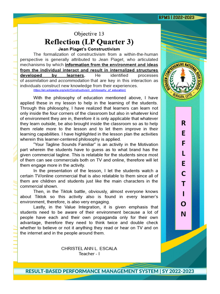 Reflection On LP Quarter 3 and Quarter 4 Objective 13 | PDF | Constructivism (Philosophy Of ...