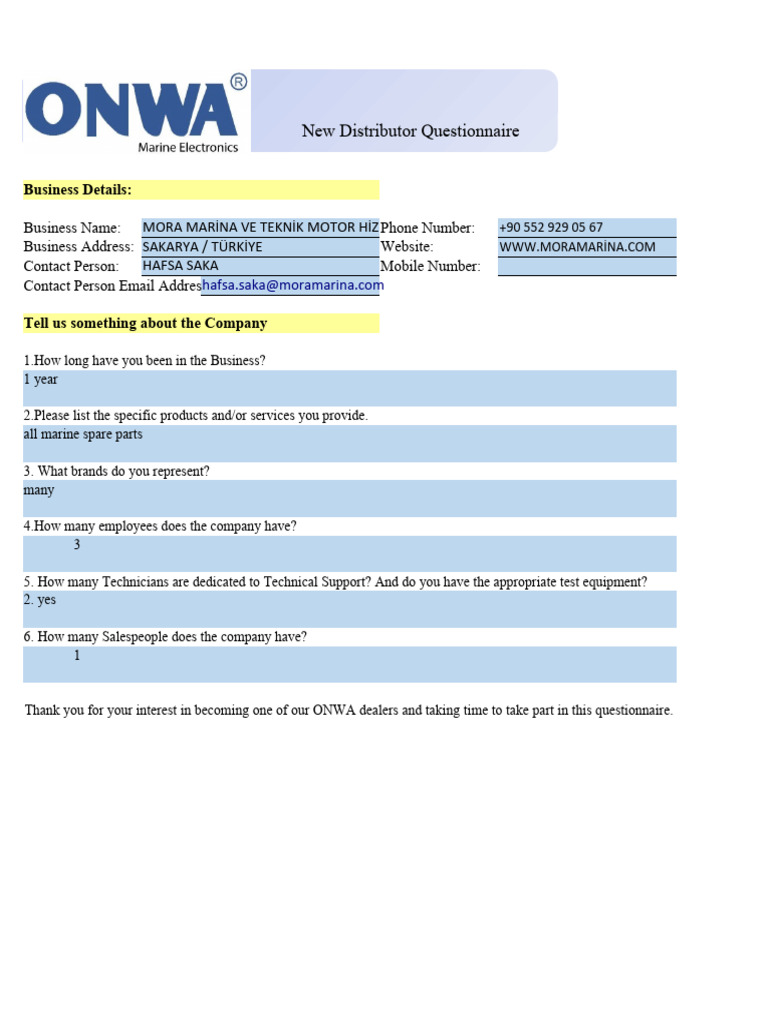 ONWA Distributor Questionnaire | PDF
