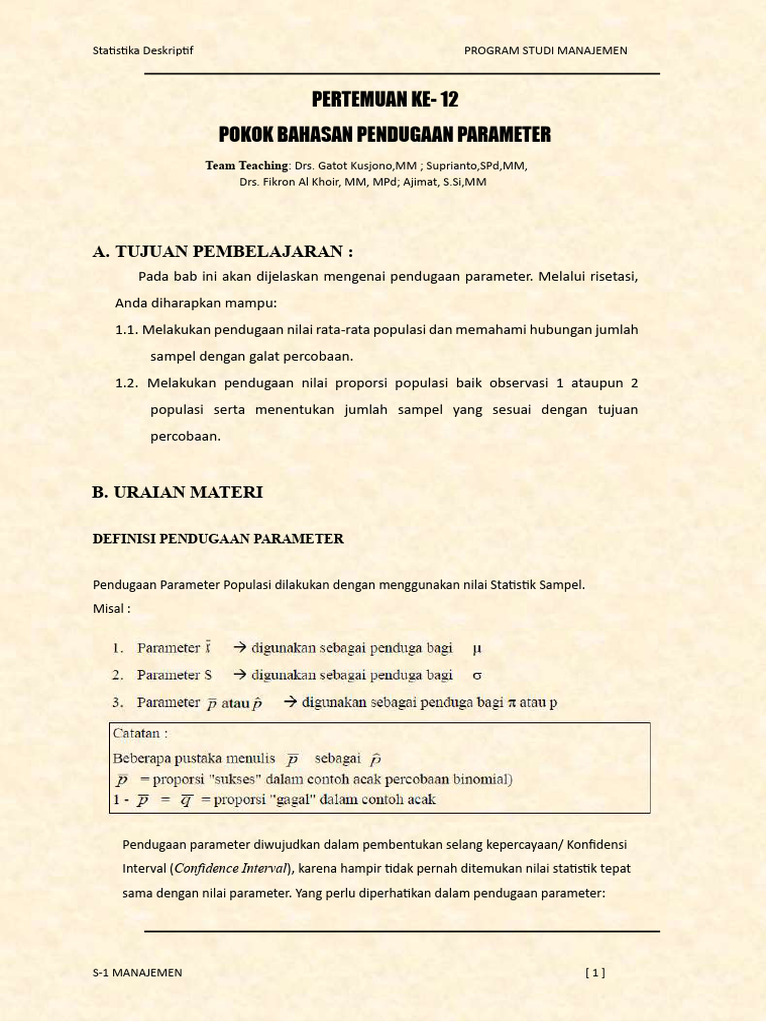 Pertemuan Ke-12 - Pendugaan Parameter | PDF | Metode & Bahan Ajar