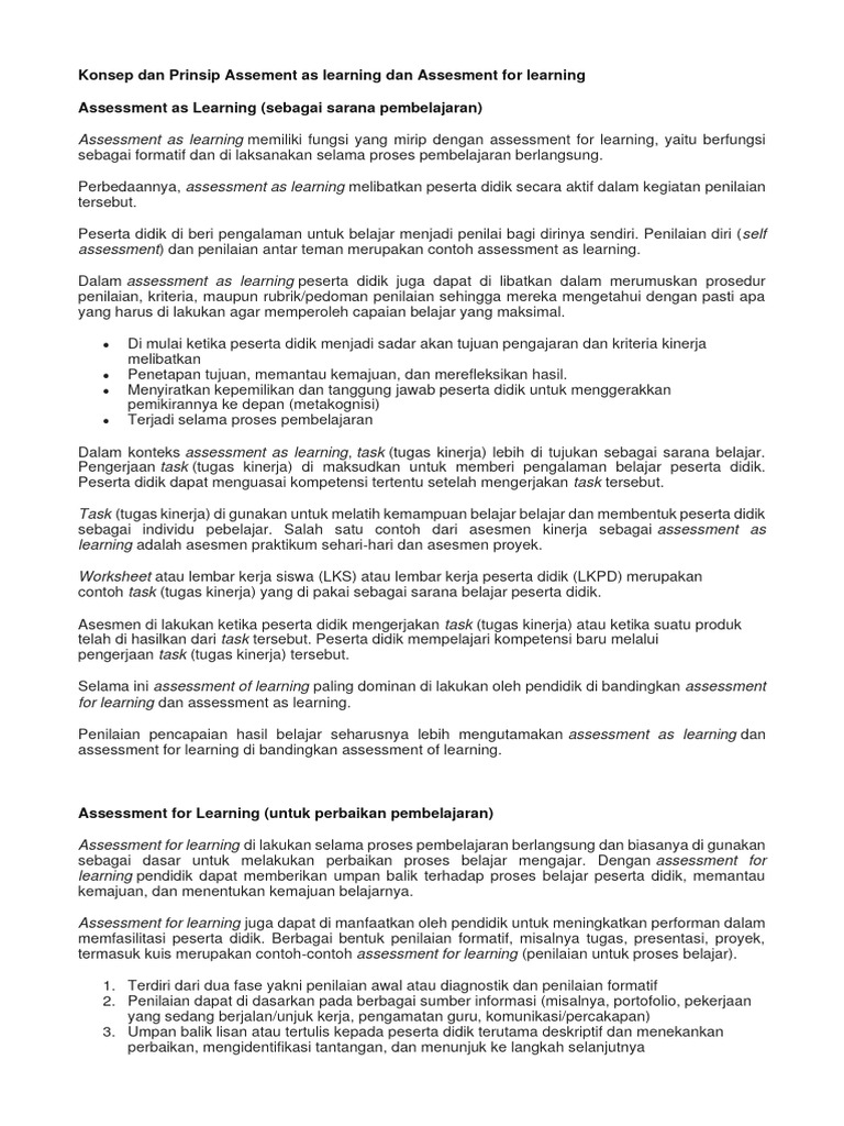 Konsep Dan Prinsip Assement As Learning Dan Assesment For Learning | PDF