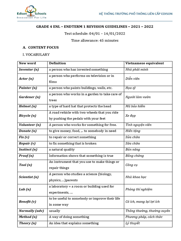 Enl G4 Revision Guideline Term1 21 22 Pdf Science