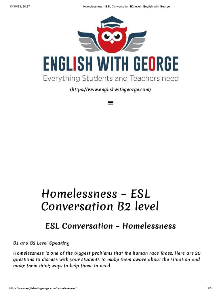 Homelessness - ESL Conversation B2 Level - English With George | PDF ...