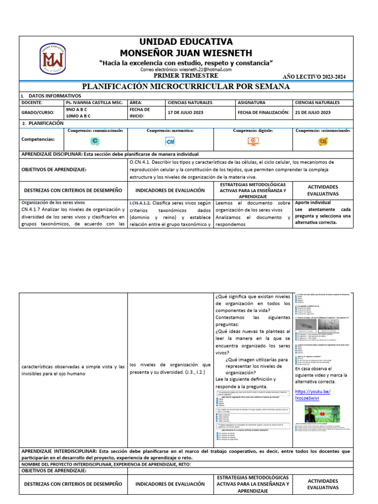 Ciencias Naturales Semana 13 PLANIFICACION SEMANAL - UEMJW | PDF ...