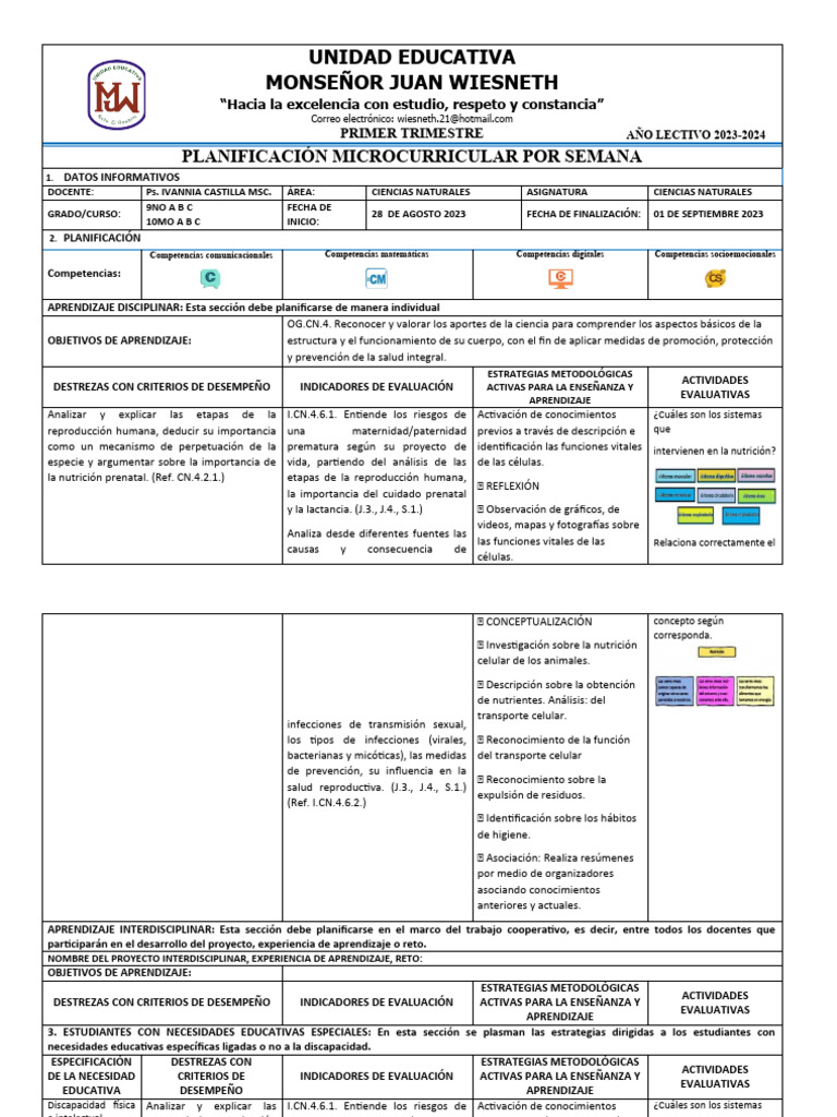 Ciencias Naturales Semana 19 PLANIFICACION SEMANAL - UEMJW | PDF ...