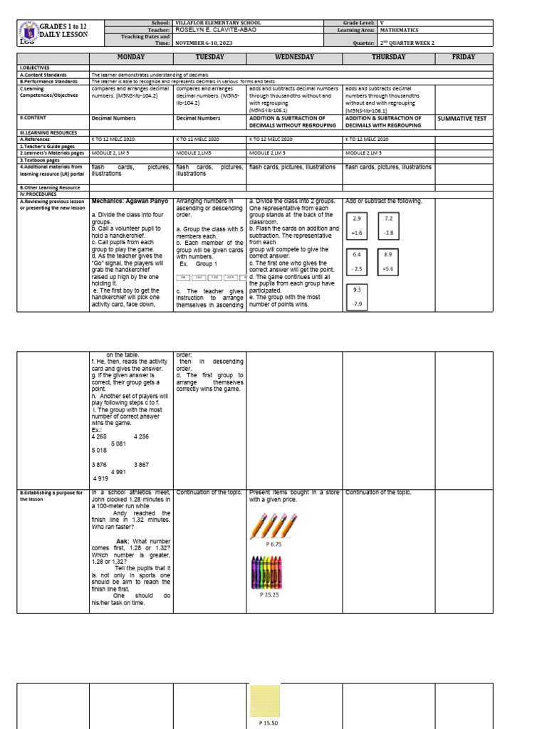 DLL - Mathematics 5 - Q2 - W2 | PDF | Learning | Mathematics