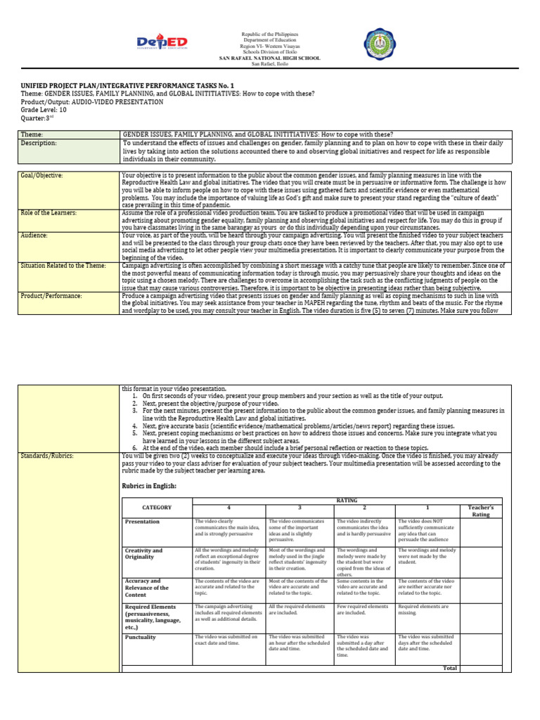 G10 - Q3 - Integrative PT 1 | PDF | Rubric (Academic) | Learning