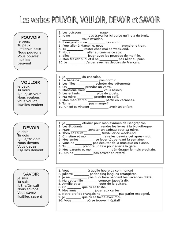 Exercices sur les verbes pouvoir, vouloir, devoir | PDF