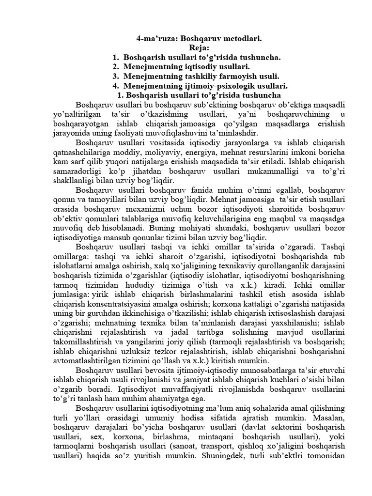 4-Ma'Ruza - Boshqaruv Metodlari. Reja - Boshqarish Usullari To'g'r | PDF