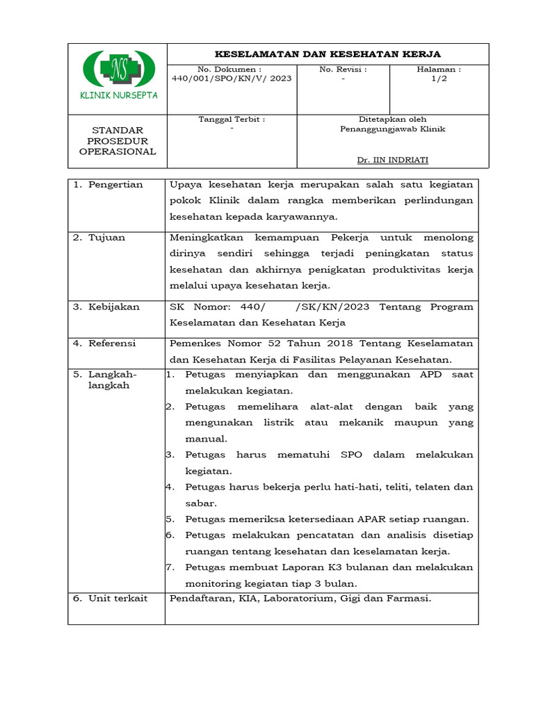 Contoh SOP KESEHATAN DAN KESELAMATAN KERJA | PDF