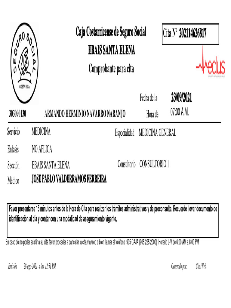 Comprobante de Cita Médica CCSS | PDF