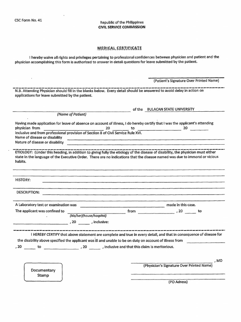 CS Form No. 41 Medical Certificate | PDF | Physician | Social Programs