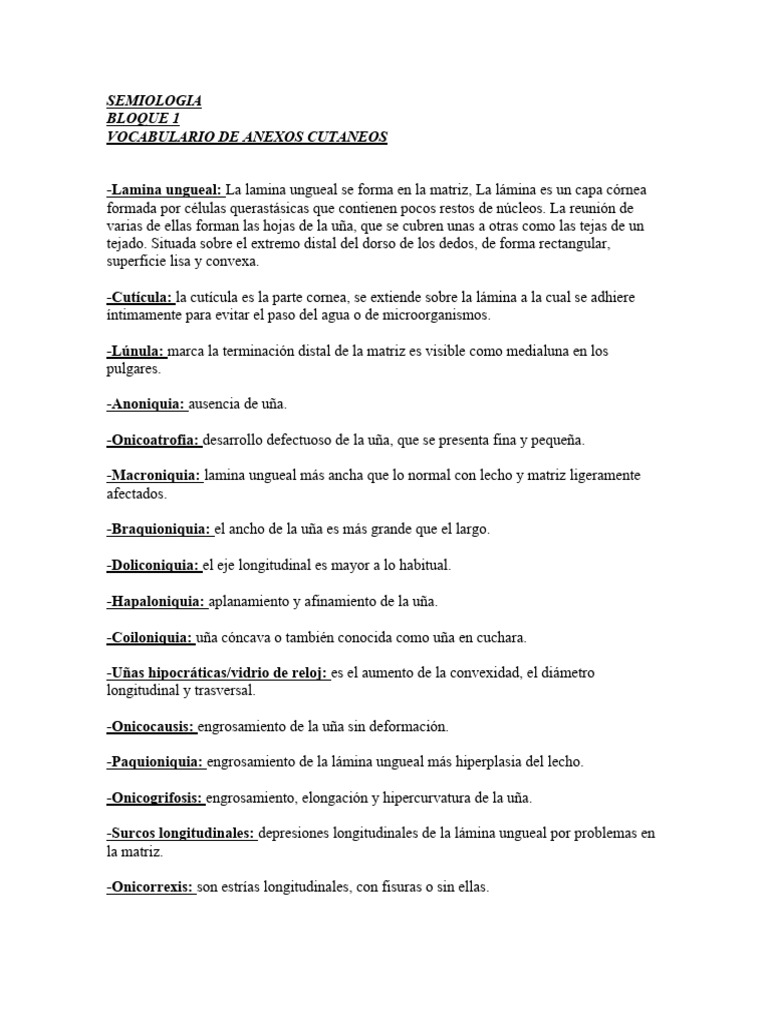 Vocabulario de Anexos Cutaneos | PDF | Clavo (anatomía) | Pelo