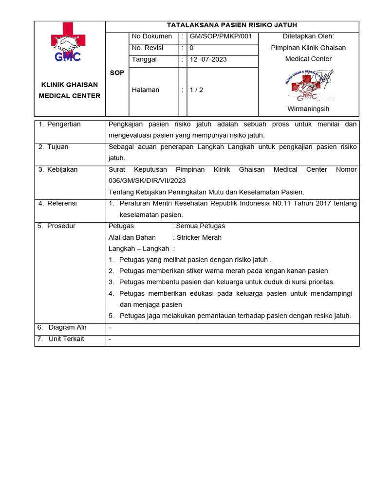 SOP Tatalaksana Pasien Risiko Jatuh | PDF