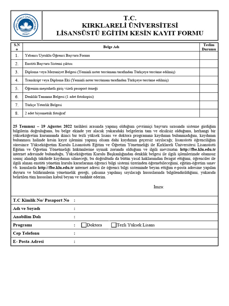 Lisansustu Egitim Kesin Kayit Formu Yuo 2 | PDF