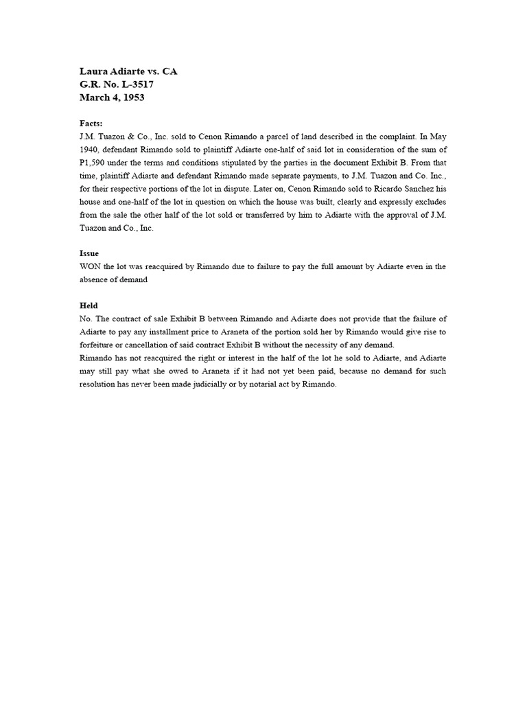 Laura Adiarte vs. CA G.R. No. L-3517 March 4, 1953: Facts | PDF ...