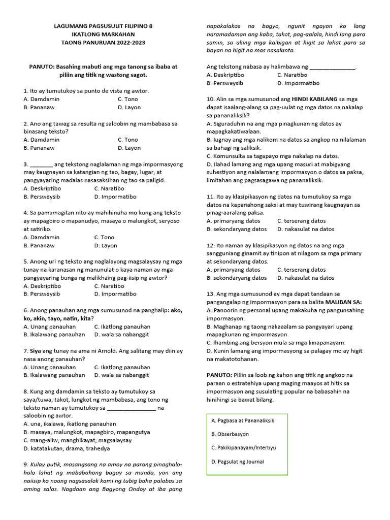 LAGUMANG PAGSUSULIT FILIPINO 8 - 3rd Q | PDF