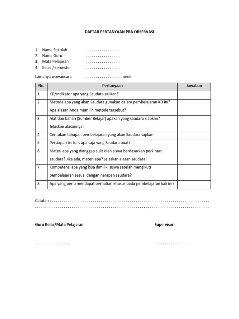 Daftar Pertanyaan Pra Observasi | PDF
