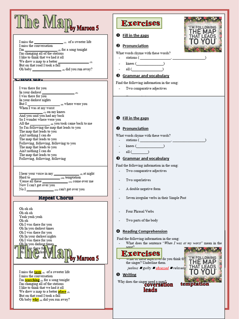 The Map by Maroon 5 Activities With Music Songs Nursery Rhymes Grammar 72889 | Download Free PDF ...