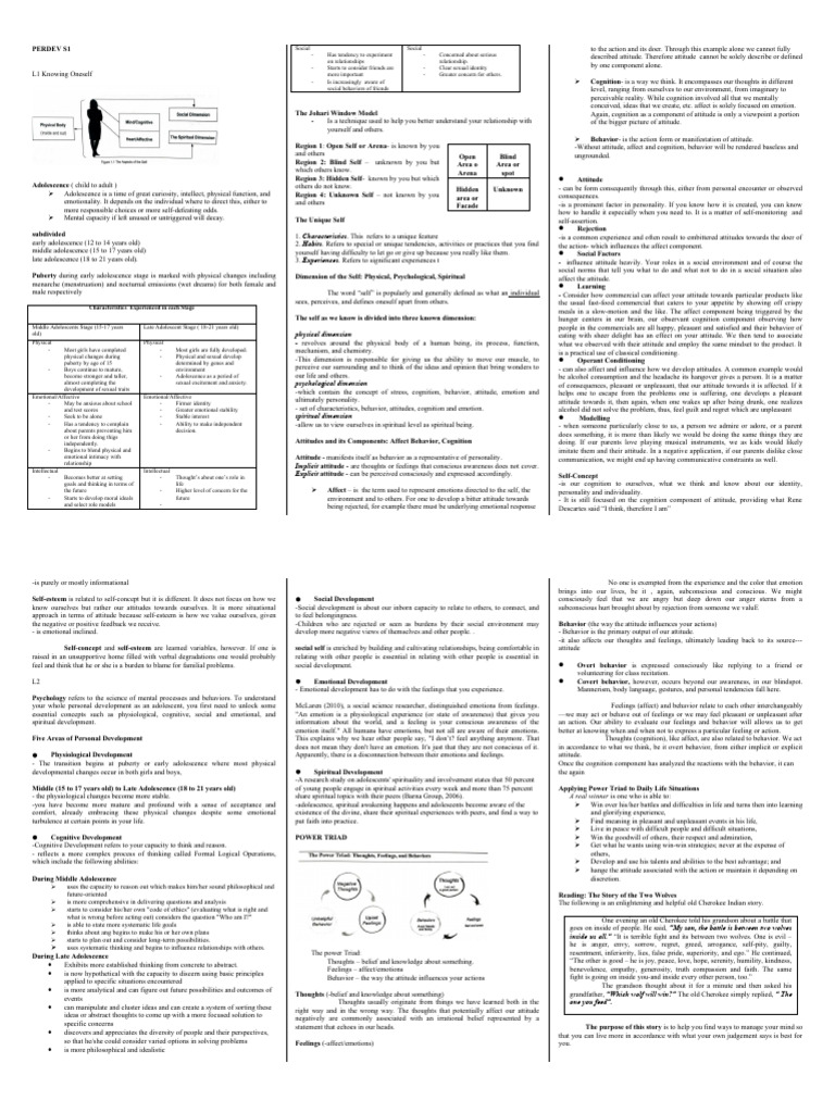 Perdev Reviewer S1 | PDF | Attitude (Psychology) | Adolescence