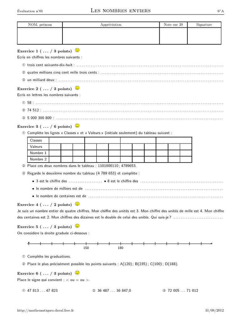 Évaluation Nombres Entiers 6ème | PDF