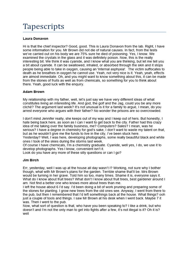 Unit 9 Murder Mystery Tapescripts | PDF | Mystery, Thriller & Crime Fiction