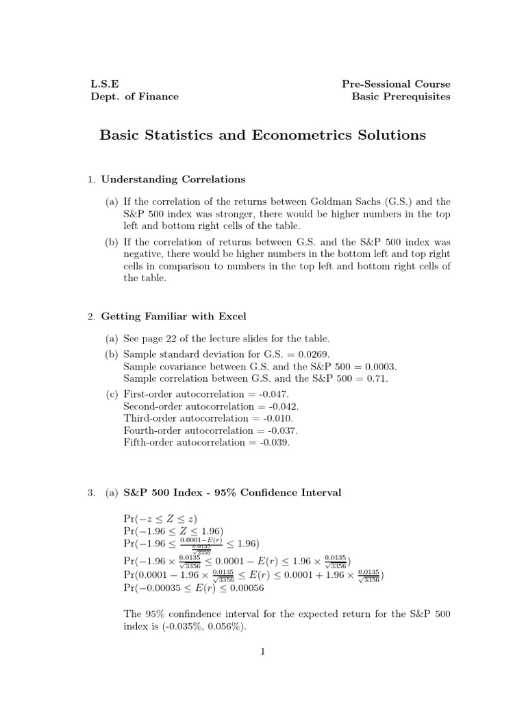 Pre-Sessional Statistics and Econometrics Solutions | PDF | Statistical Significance ...