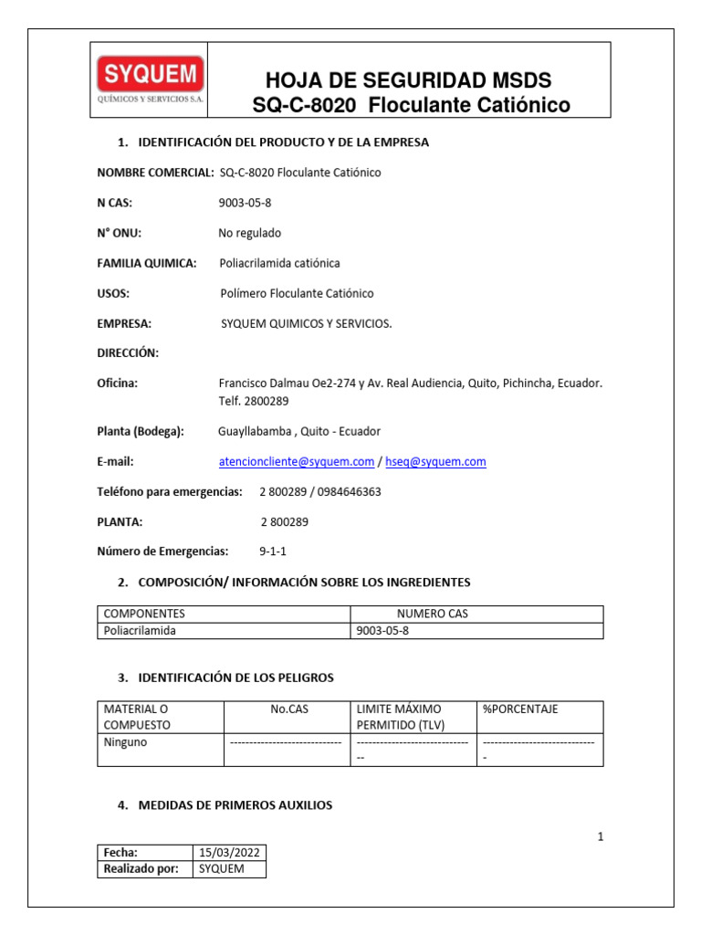 Hoja de Seguridad Msds SQ-C-8020 Floculante Catiónico: 1 ...
