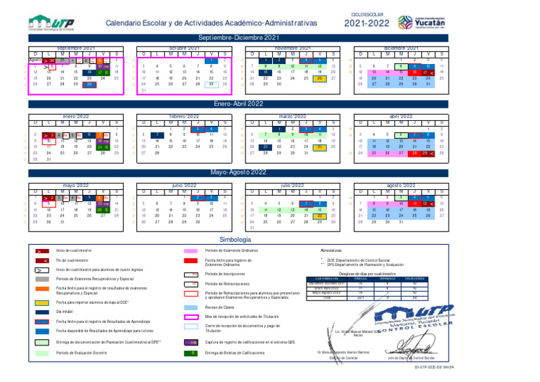 Calendario Escolar Utp 2021-2022_autorizado Firmas | PDF