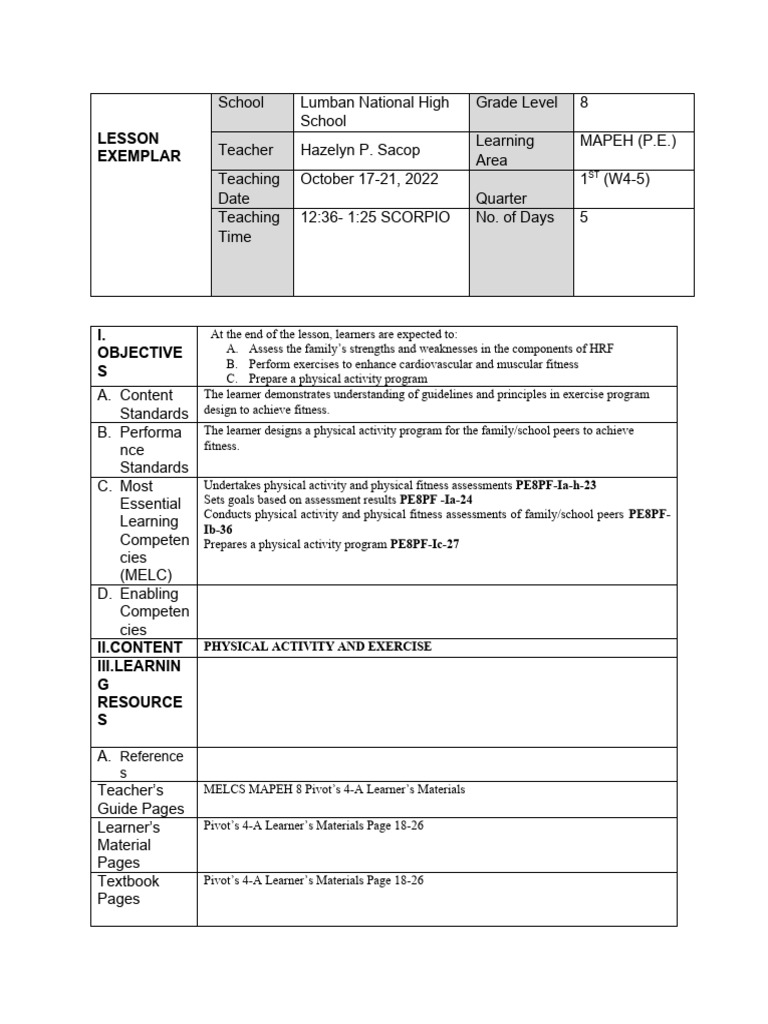 Lesson Exemplar in P.E. 8 q1 w4 5 | PDF | Weight Training | Strength ...
