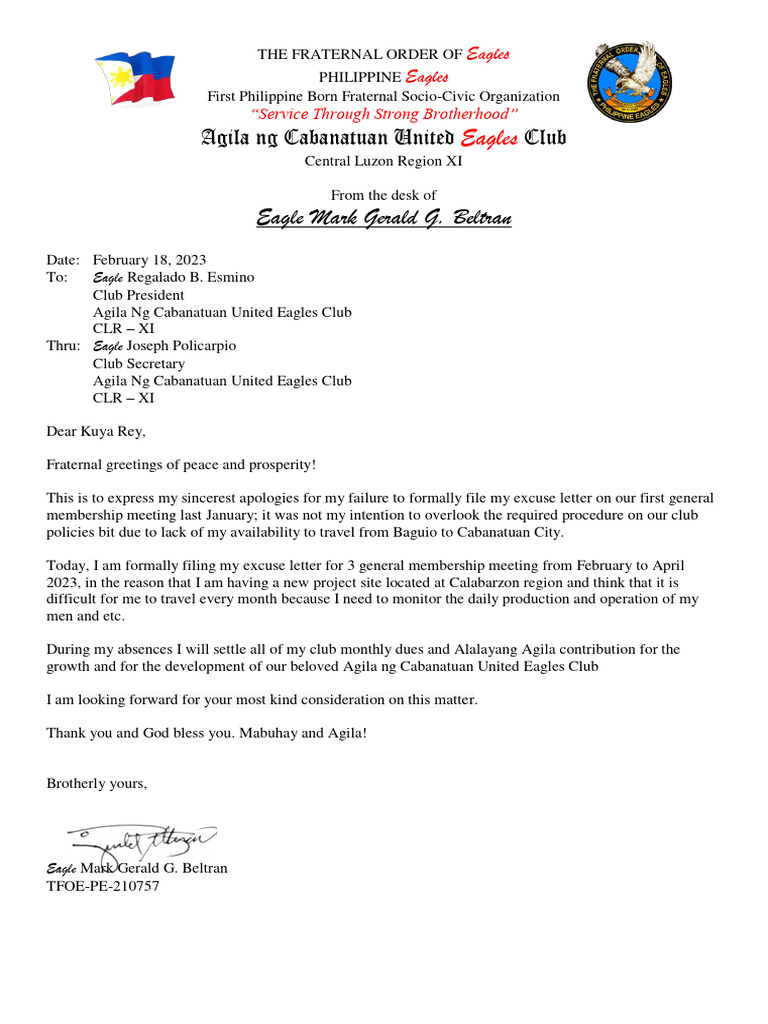 Excuse Letter for Club Meetings | PDF