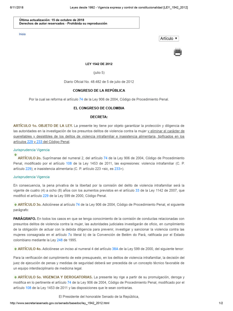 Ley 1542 2012 | PDF | Gobierno | Justicia