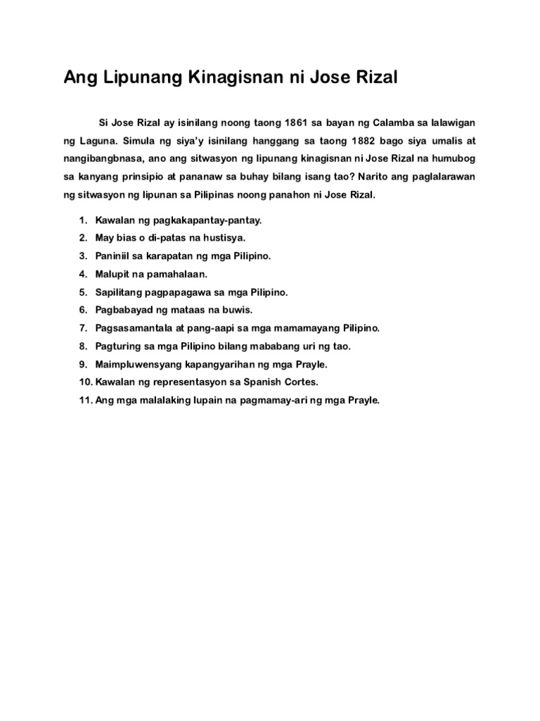 Ang Lipunang Kinagisnan Ni Jose Rizal | PDF