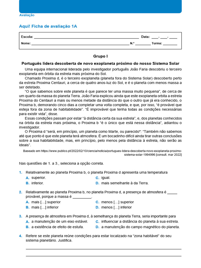 Aq8 Ficha Avaliacao 1a | PDF | Exoplaneta | Terra